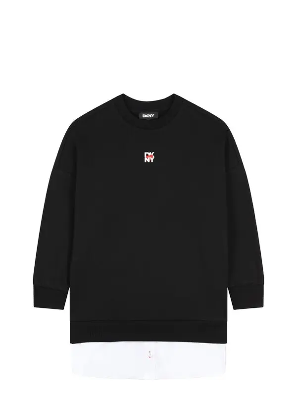 Dkny Under-layered Hem Logo Print Sweatshirt-dress - Black