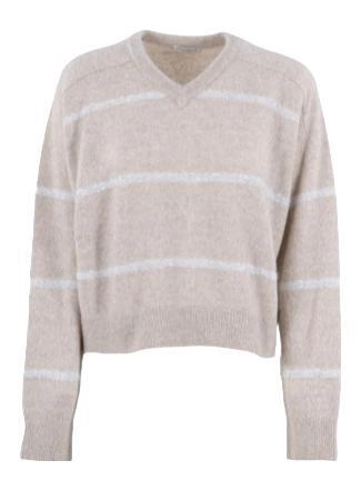 Brunello Cucinelli Striped Sequins Decorative V-neck Sweater - Beige