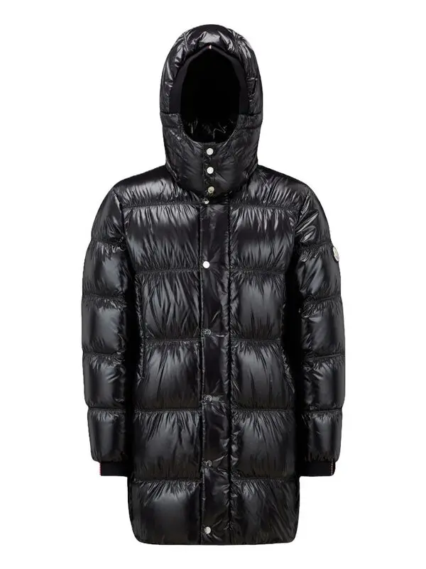 Moncler Pablof Long Down Jacket With Monogram Jacquard Hooded Trim - Black