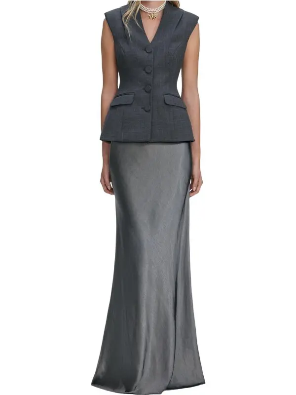 SELF-PORTRAIT Sleeveless Buttoned Maxi Dress - Grey