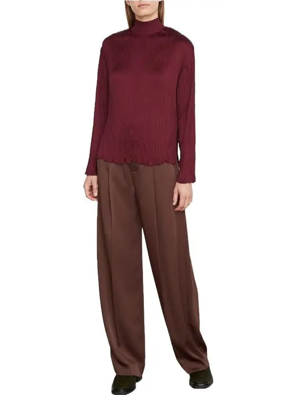 Vince Rib High Neckline Broken Satin Long Sleeve Blouse - Red