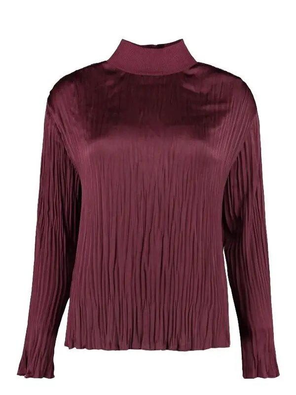 Vince Rib High Neckline Broken Satin Long Sleeve Blouse - Red