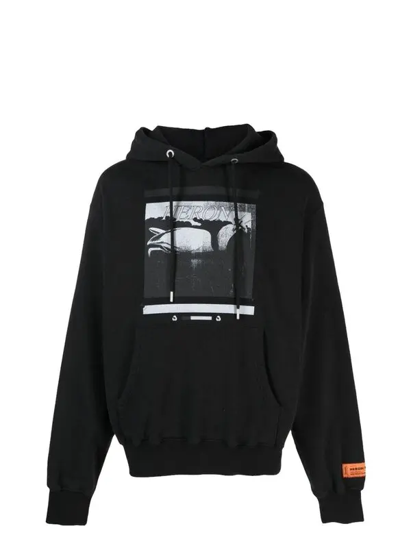 Heron Preston Graphic Printed Drawstring Hoodie - Black