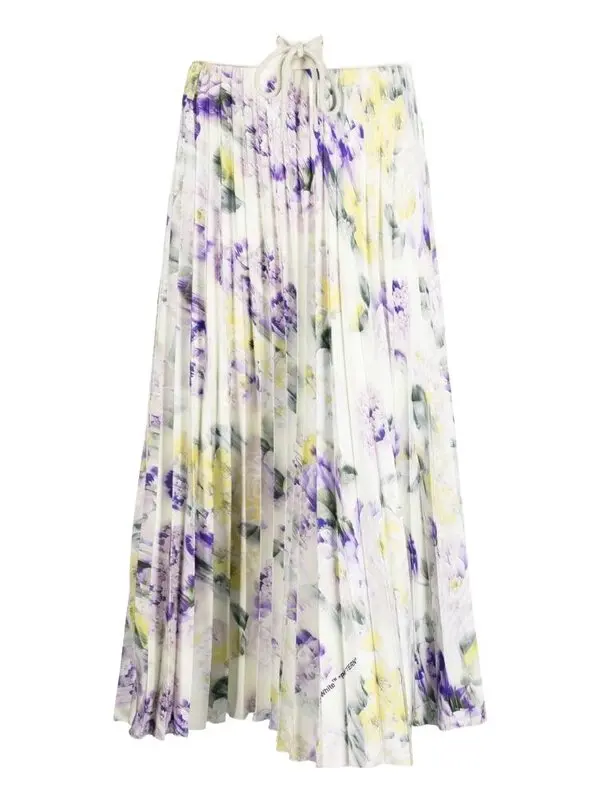 Off-White Drawstring Pleated Floral Print Midi Skirt - White