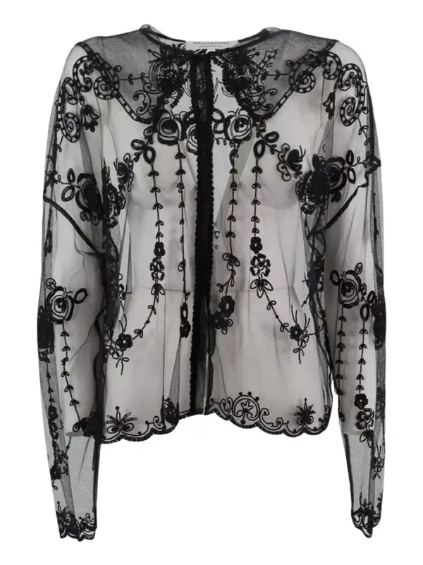 Philosophy Di Lorenzo Serafini Sheer Floral Embroidered Long Sleeve Top - Gray