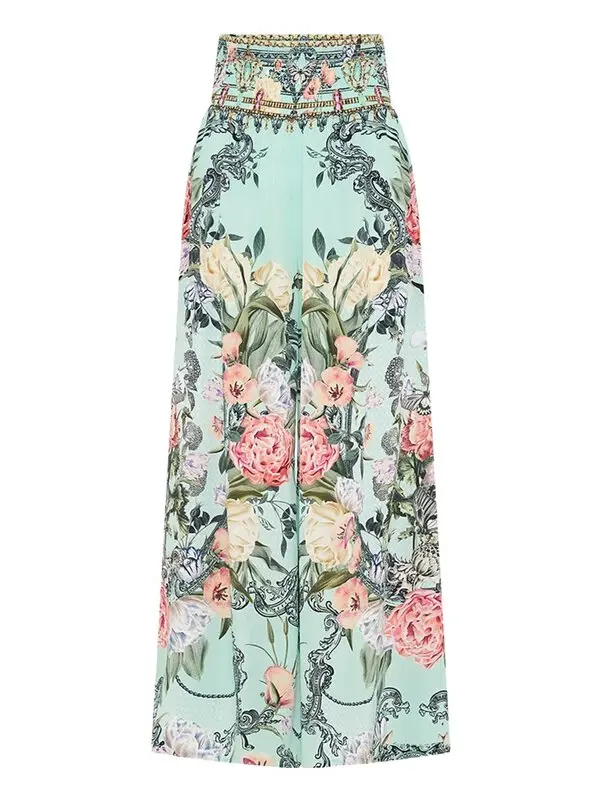 Camilla Pleated Floral Wide-leg Pants - Green
