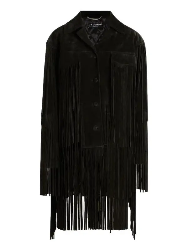 Dolce & Gabbana Leather Jacket With Fringe - Black
