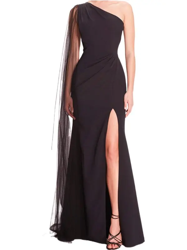 Marchesa One-shoulder Gown With Tulle Shawl - Black