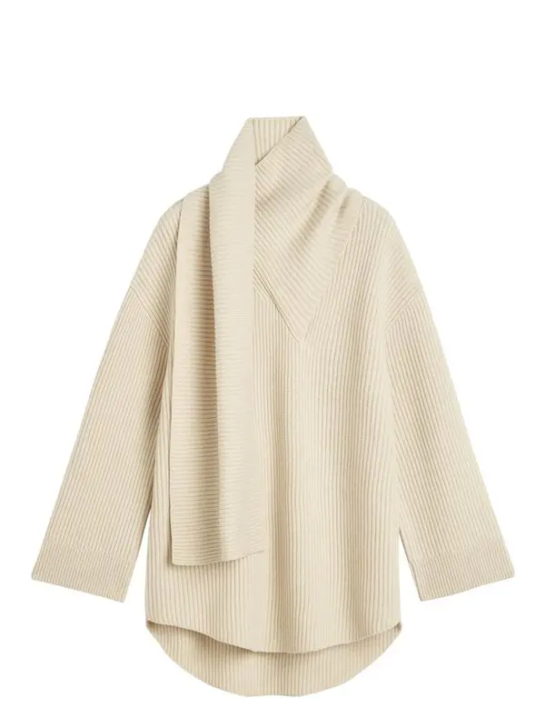 TOTEME Ribbed Knit Attached Scarf Sweater - Off White