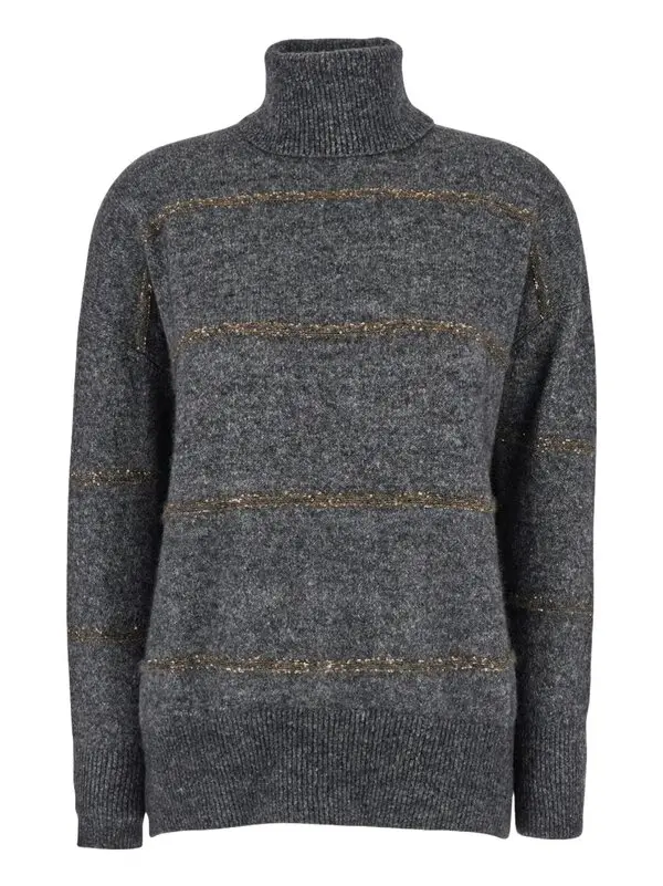 Brunello Cucinelli Oversized Turtleneck Knitted Jumper With Metallic Stripes - Grey