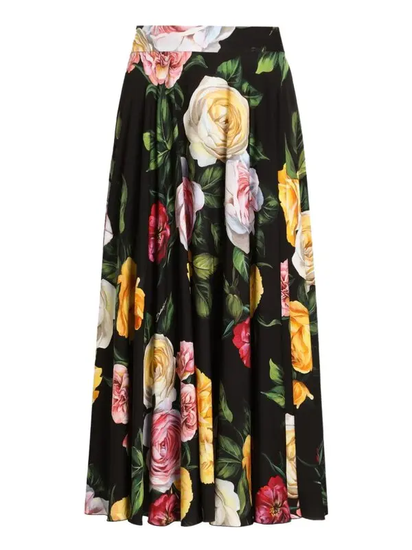 Dolce & Gabbana Floral Printed Midi Flared Skirt - Black