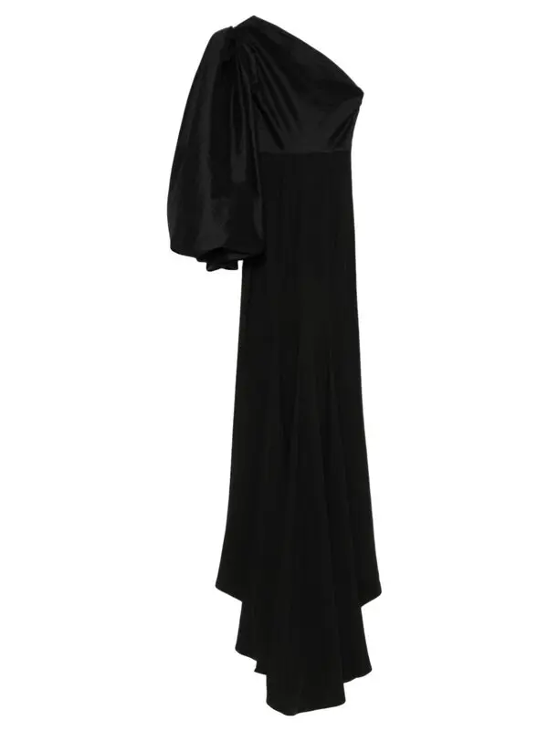 Solace Ivy Gown: Asymmetrical Neckline Lantern Sleeve Fishtail Gown - Black