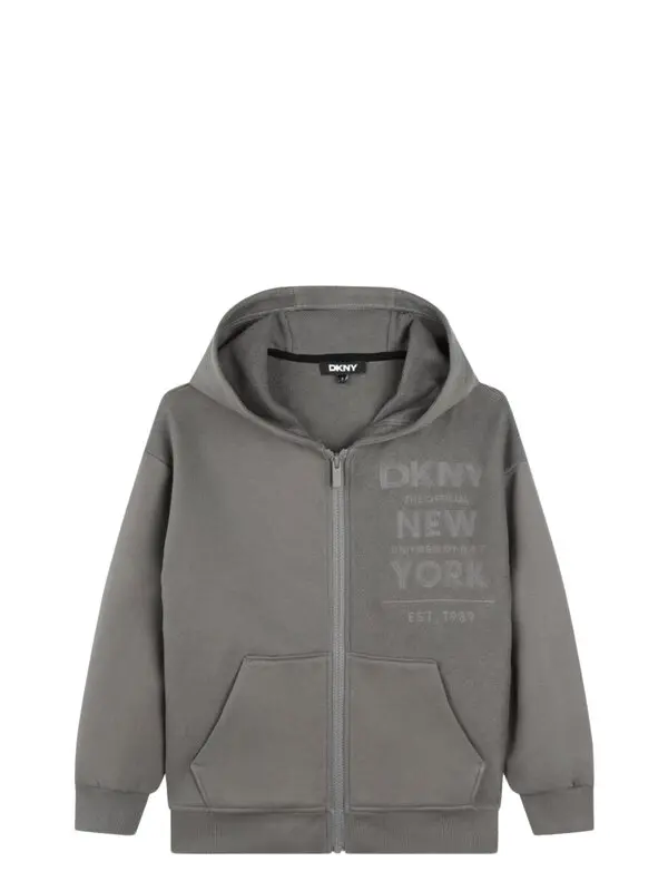 Dkny Logo Embroidered Full Zip Hoodie - Dark Gray
