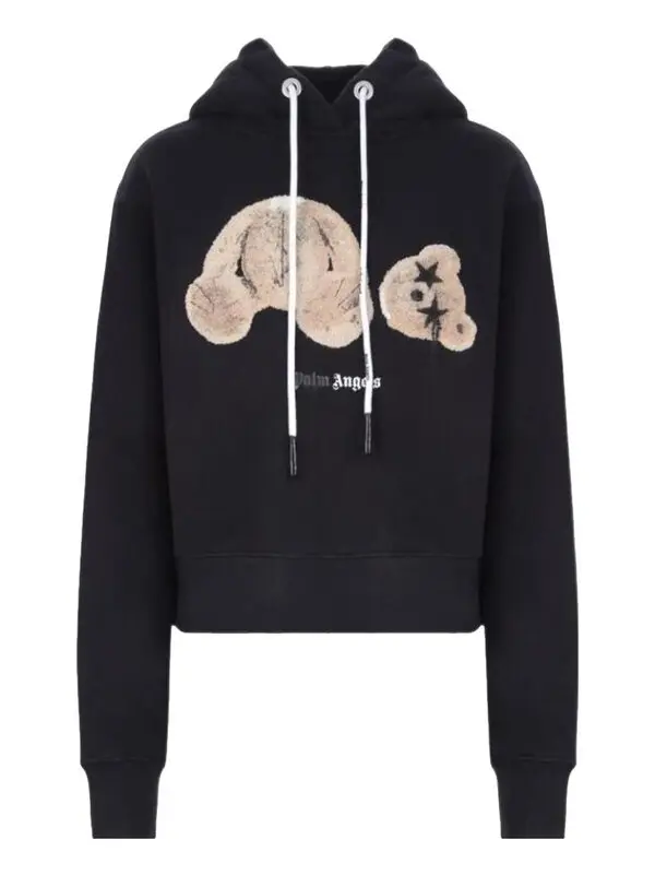 Palm Angels Sprayed Bear Logo Cropped Hoodie - Black