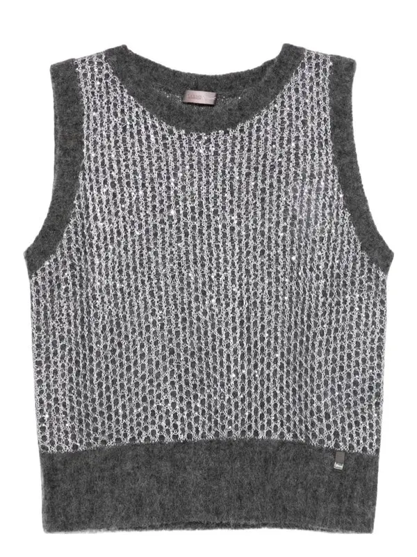 Herno Sleeveless Crew Neck Knit Top With Metallic Detail - Gray