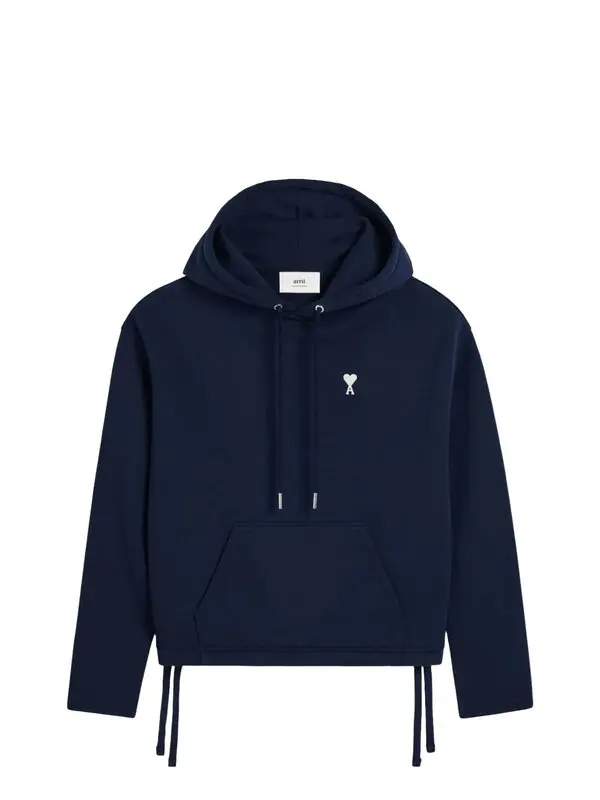 AMI Paris De Coeur Cropped Fleece Hoodie - Navy Blue