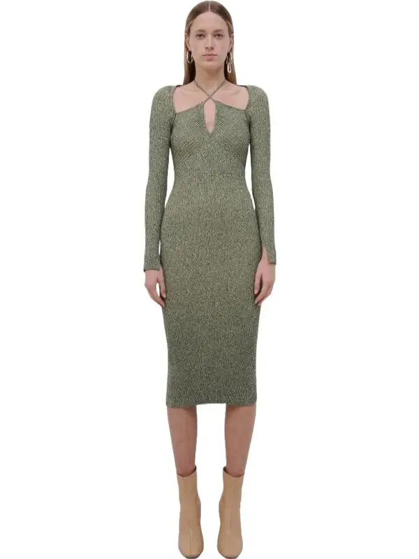 Simkhai Halterneck Ribbed Knit Midi Dress With Keyhole Detail - Green