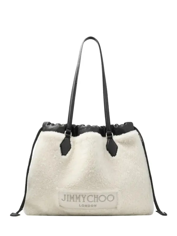 JIMMY CHOO Shearling Drawstring Tote Bag With Embroidered Logo - Natural/black