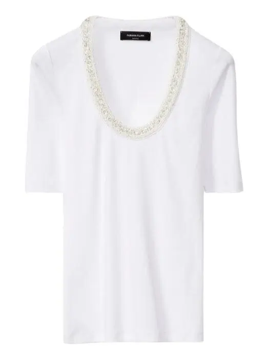 Fabiana Filippi U-neckline Jersey T-shirt With Tweed Trim - White