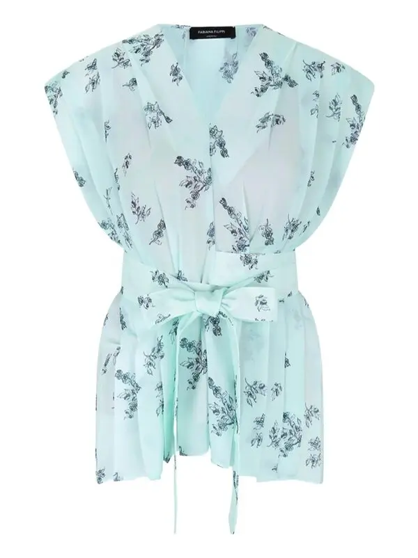 Fabiana Filippi V-neck Printed Pleated Top - Blue