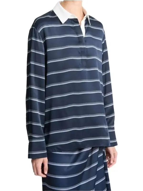 Vince Long Sleeve Striped Polo Shirt - Blue