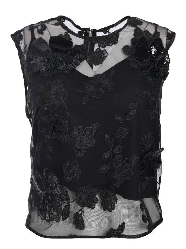 ROTATE BY BIRGER CHRISTENSEN Floral Embellished Sheer Top - Black