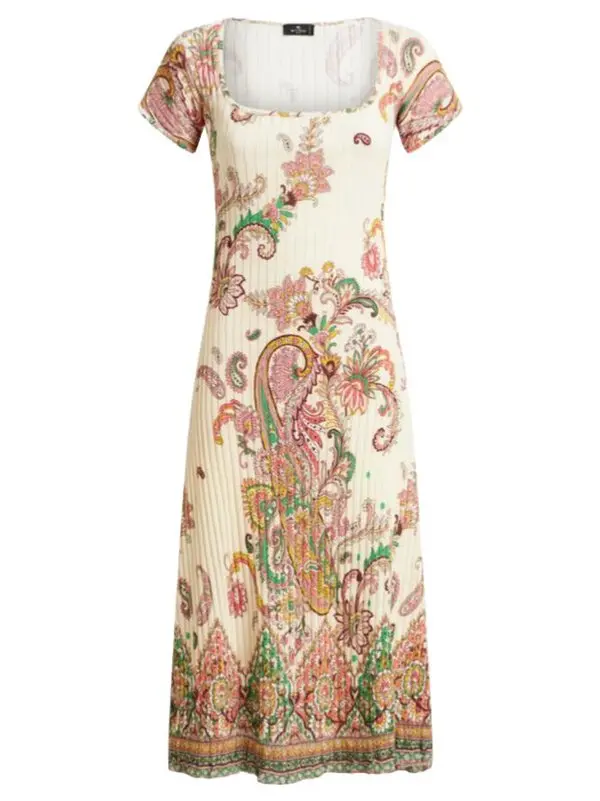 Etro Ribbed Floral Motif Midi Dress - White