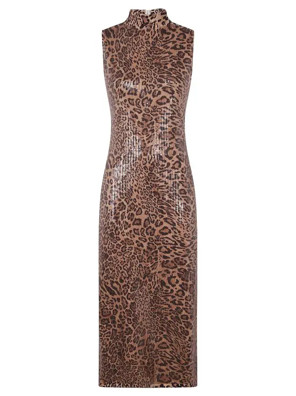 TWINSET Leopard Print Sequin Embroidered High Neck Midi Dress - Brown