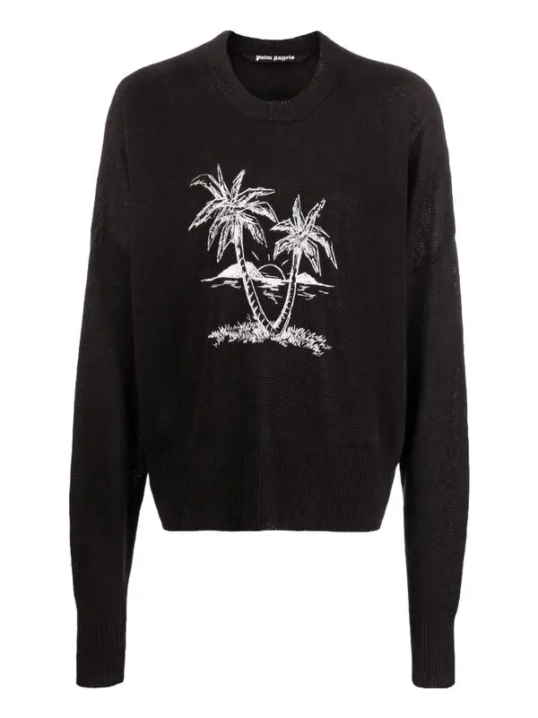 Palm Angels Palm Tree Print Knit Pullover - Black
