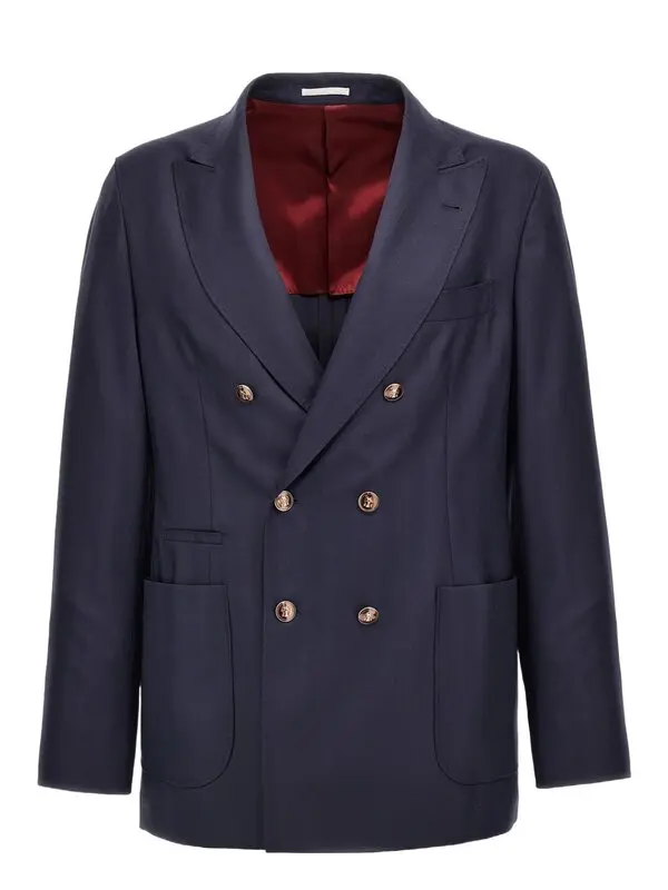 Brunello Cucinelli Double Breasted Twill Blazer - Blue