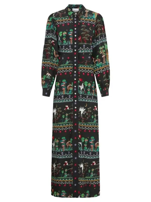 HAYLEY MENZIES Printed Maxi Silk Shirt Dress - Black