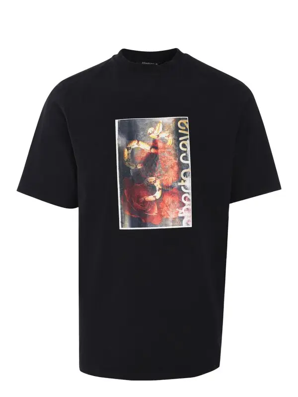 Roberto Cavalli Distressed-effect Rose-print T-shirt - Black
