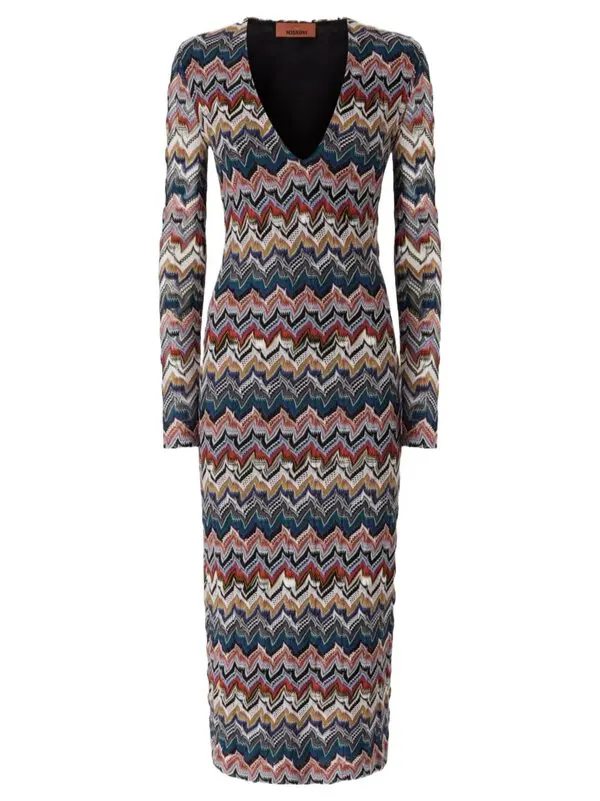 Missoni Geometric Zigzag Pattern Long Sleeve V-neck Dress - Black
