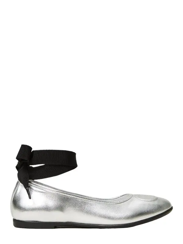 TWINSET Leather Ballerina Flats With Ribbon Detailing - Silver