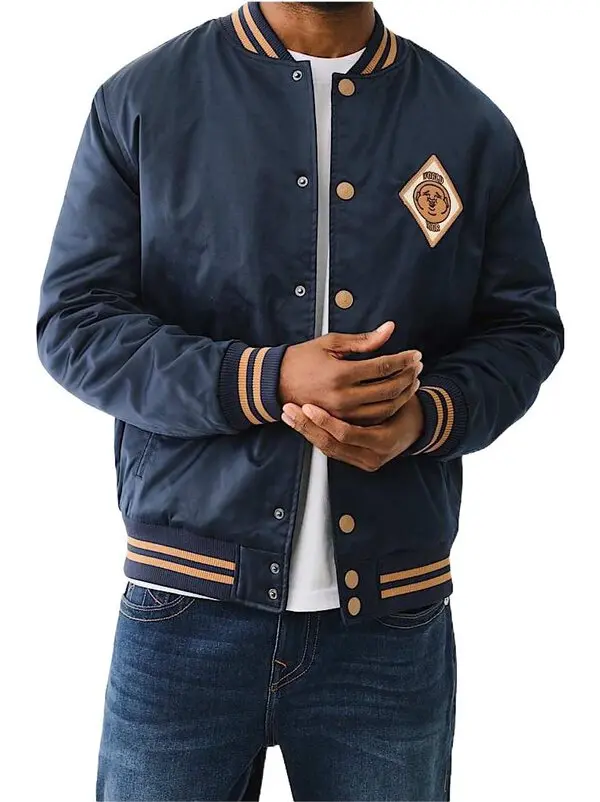 True Religion Satin Embroidered Varsity Bomber Jacket - Blue