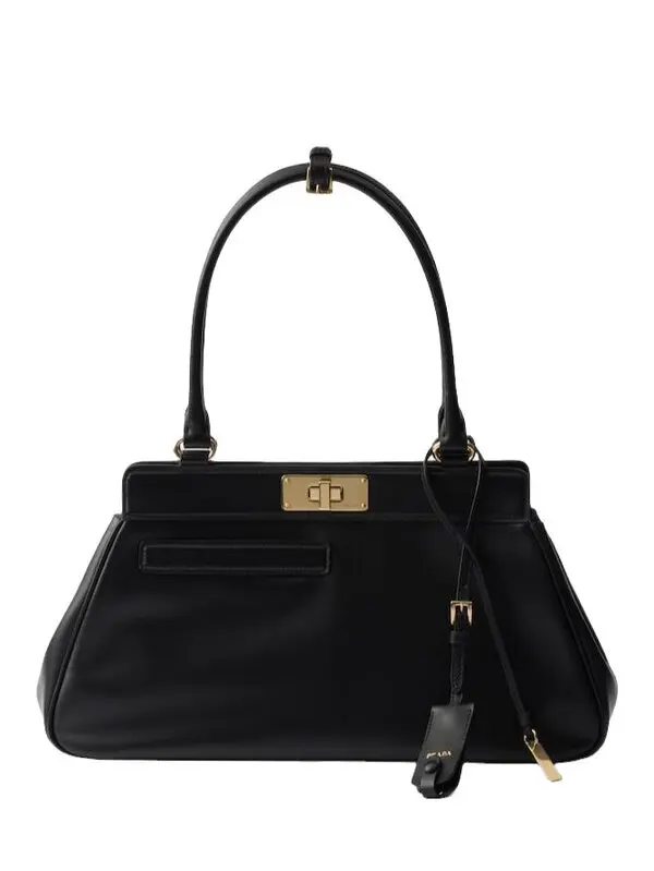 Prada Medium Leather Tote Bag With Turn Lock - Black