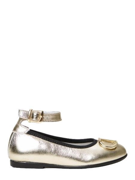 TWINSET Round Toe Ballet Flats With Ankle Strap And Oval T-pattern Detail - Platinum