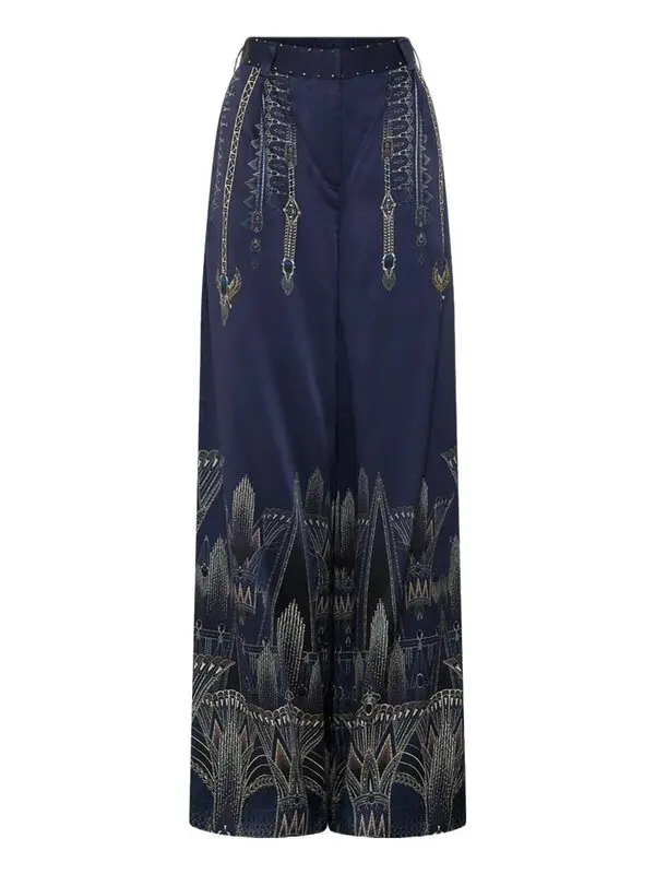 Camilla Belt-loop Printed Wide-leg Trousers - Black