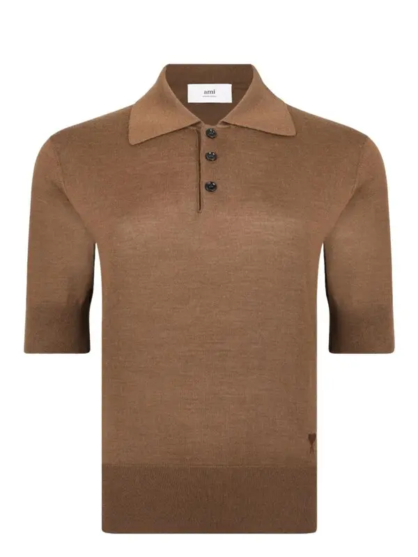 AMI Paris Short Sleeve Knitted Polo Shirt - Hazelnut