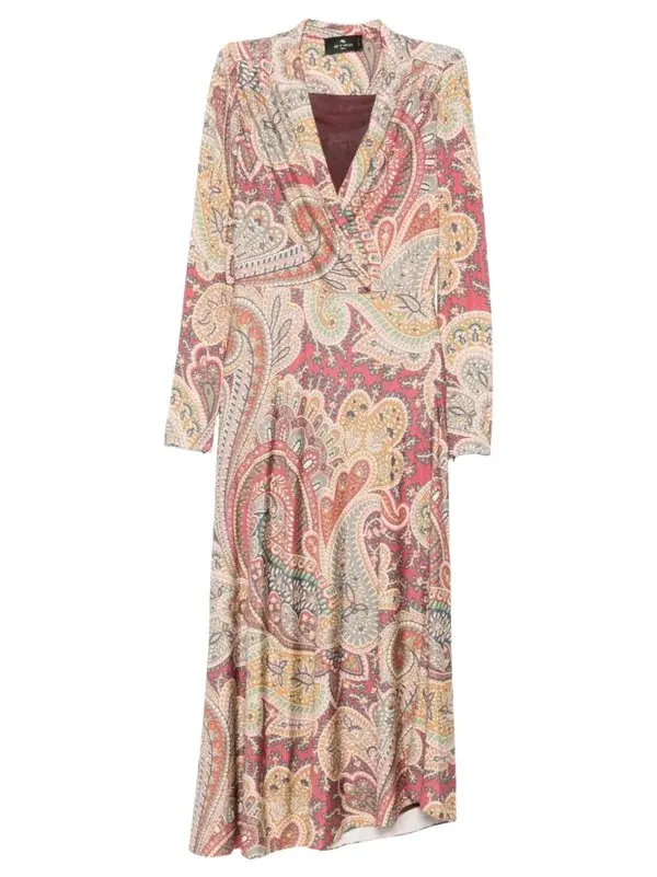 Etro Paisley Printed V-neck Long Sleeve Dress - Nude