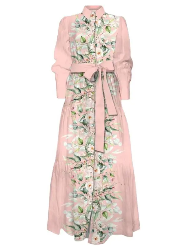 MC2 SAINT BARTH Maxi Dress With Floral Print And Belted Waist - Pink