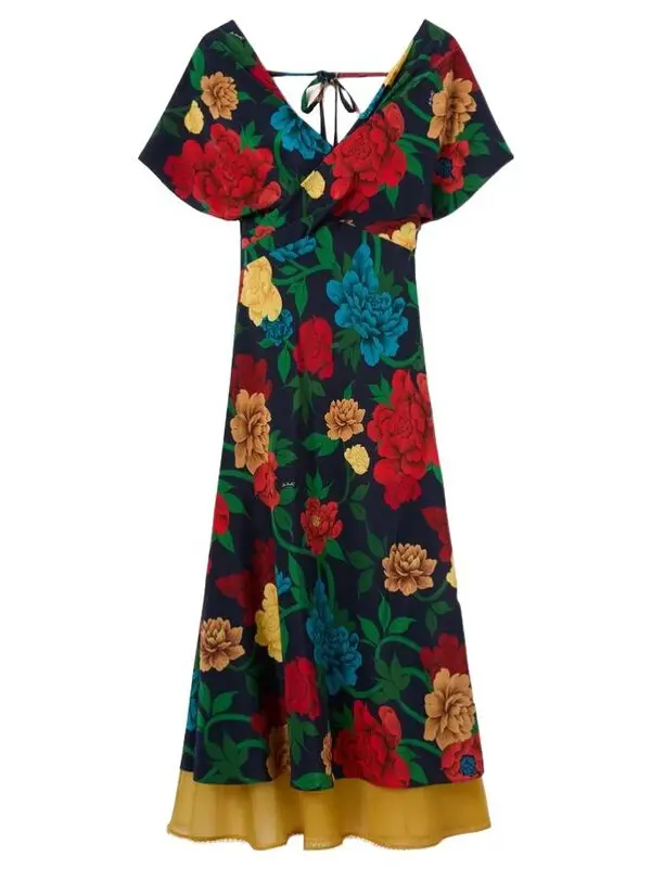 La DoubleJ Floral Print A-line Crepe De Chine Dress - Black