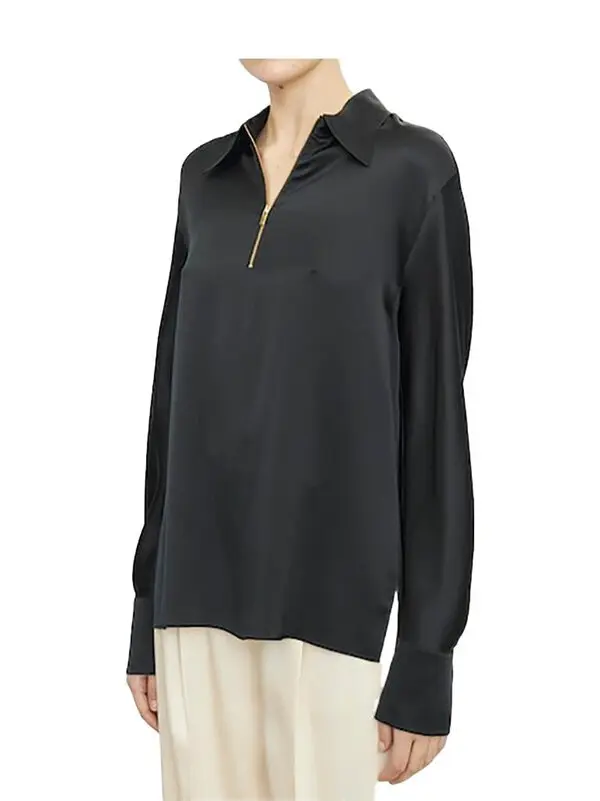 Vince Silk Long Sleeve Blouse With Zippered Neckline - Black