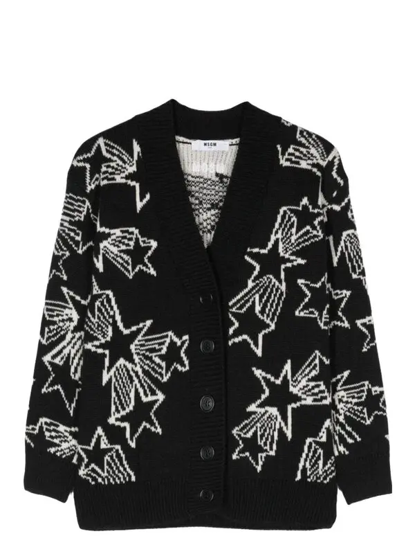 MSGM Star Intarsia Knit V-neck Cardigan - Black