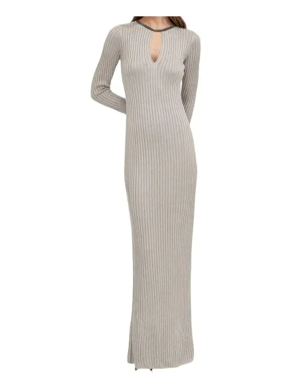Brunello Cucinelli Sparkling Ribbed Knit Dress With Embellished Crew Neck - Nude