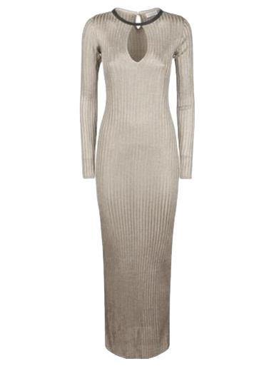 Brunello Cucinelli Sparkling Ribbed Knit Dress With Embellished Crew Neck - Nude