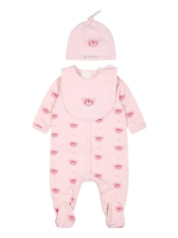 Givenchy Teddy Bear Print Babygrow Set With Hat And Bib - Pink