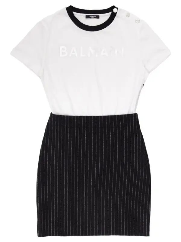 Balmain Striped Dress With Logo Lettering - Black