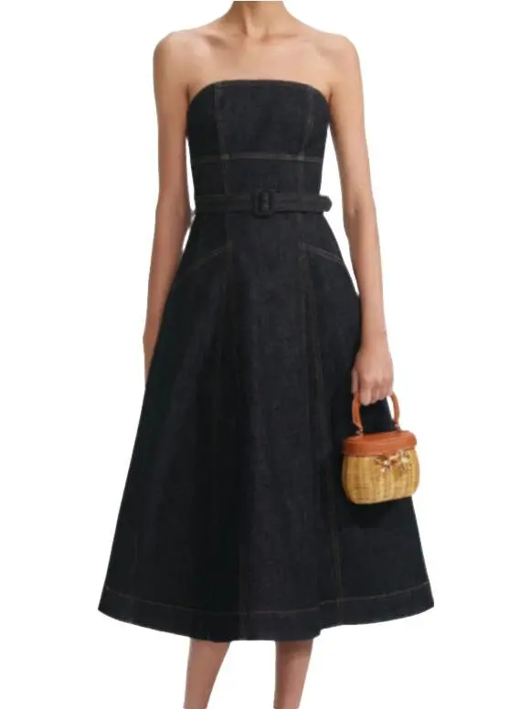 SELF-PORTRAIT Denim Bandeau Midi Dress With Belt - Indigo