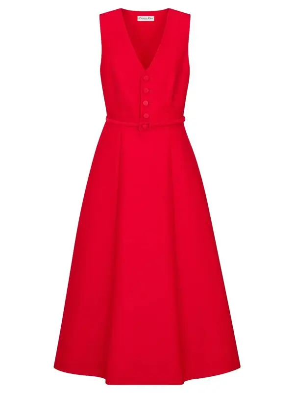 Dior Wool Silk Shantung Mid-length Flared Dress With Belt - Red